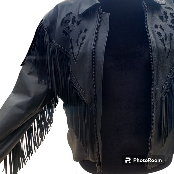 Unik | Jackets & Coats | Black Leather Jacket Fringe Rose Suede Biker ...